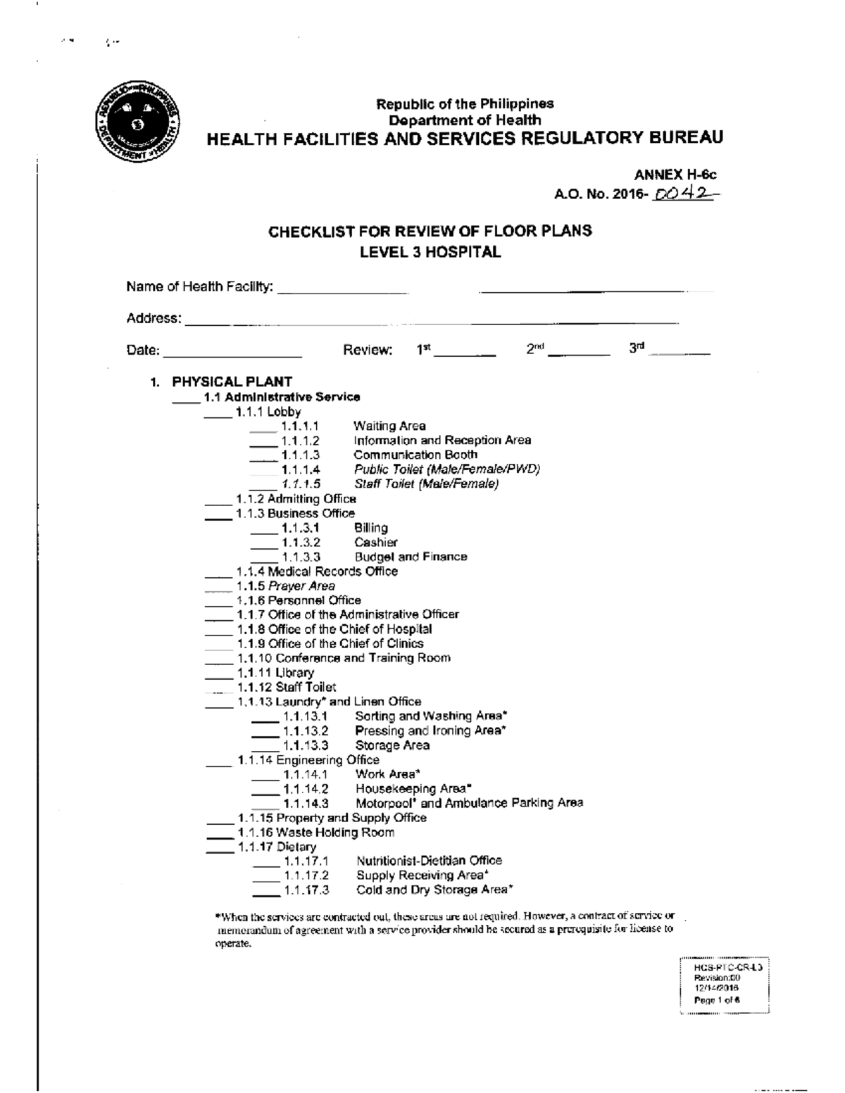 Checklist for Review of Floor Plans: Level 3 Hospitals - Studocu