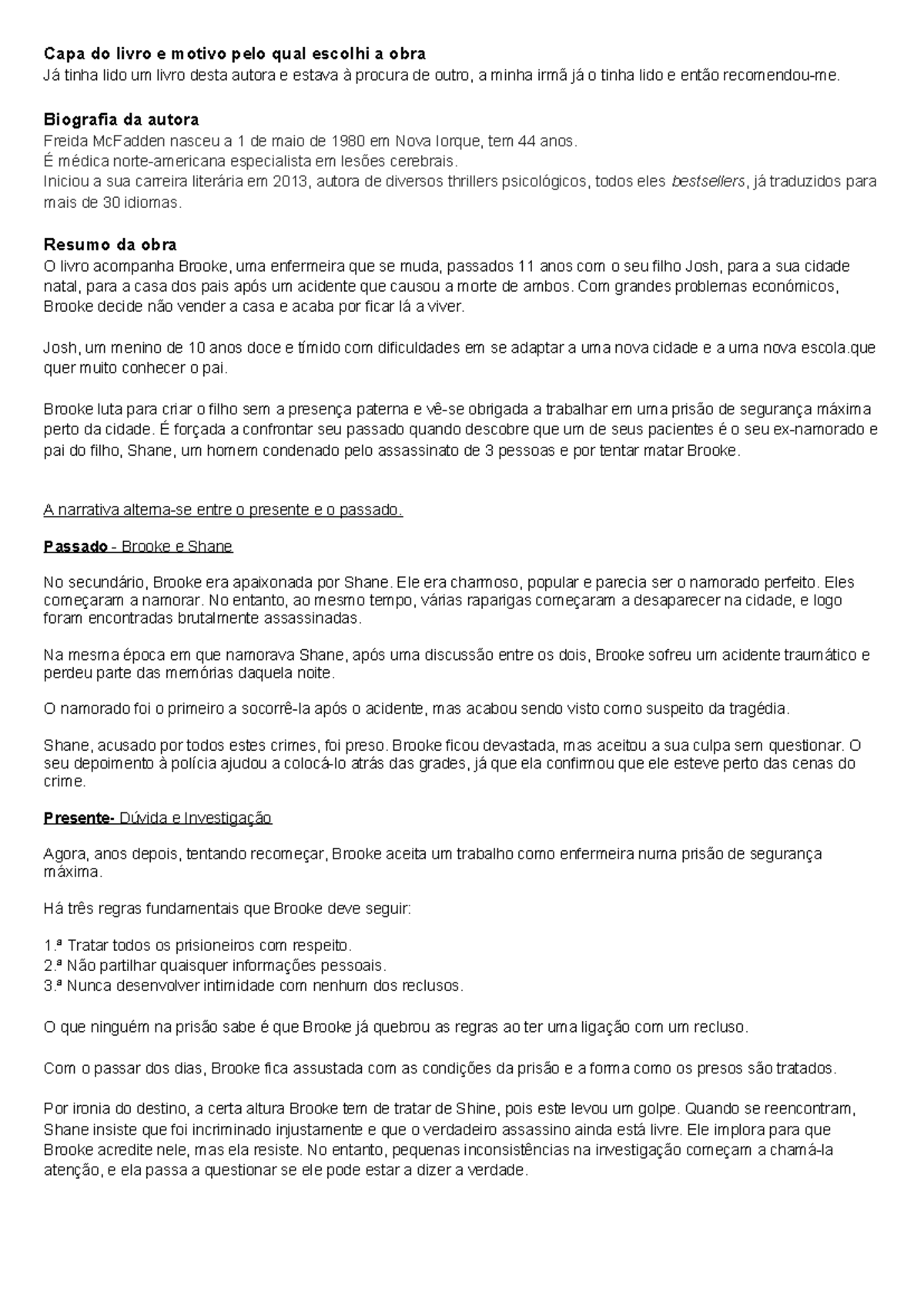 O recluso - apresentação oral sobre a obra de Freida McFadden - Studocu