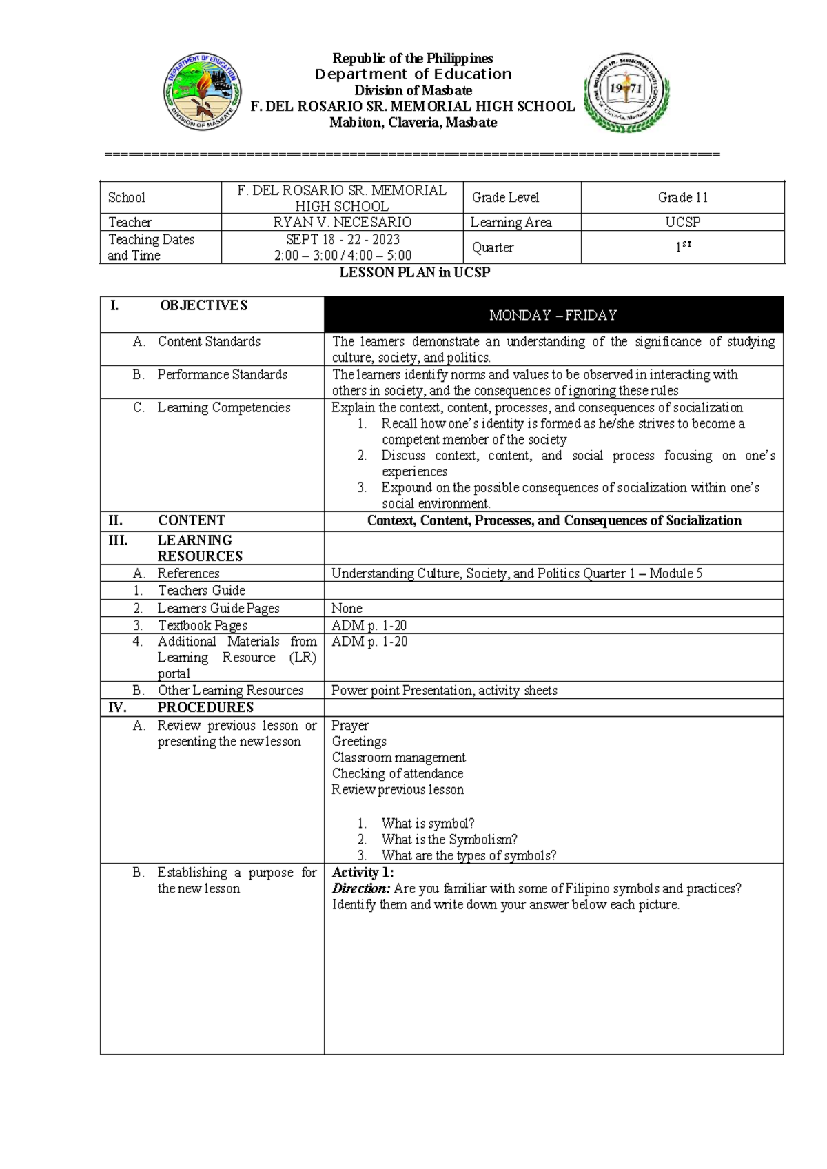 Grade 11 UCSP Lesson Plan: Analyzing Cultural and Social Symbols - Studocu