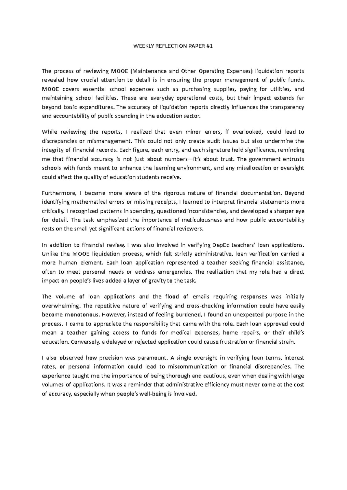 WEEKLY REFLECTION PAPER: Insights from MOOE & Loan Verification at ...
