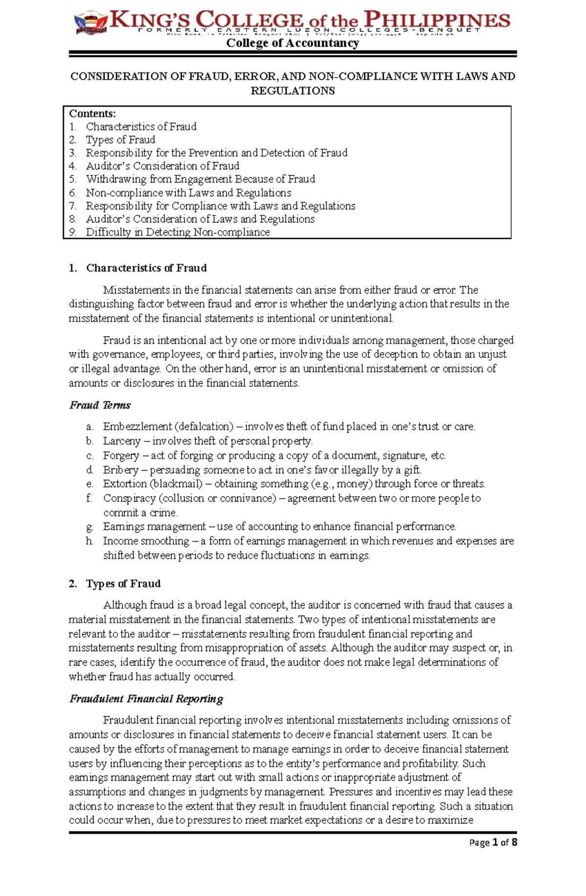 Lesson 15: Understanding Fraud, Error & Non-compliance with Laws - Studocu