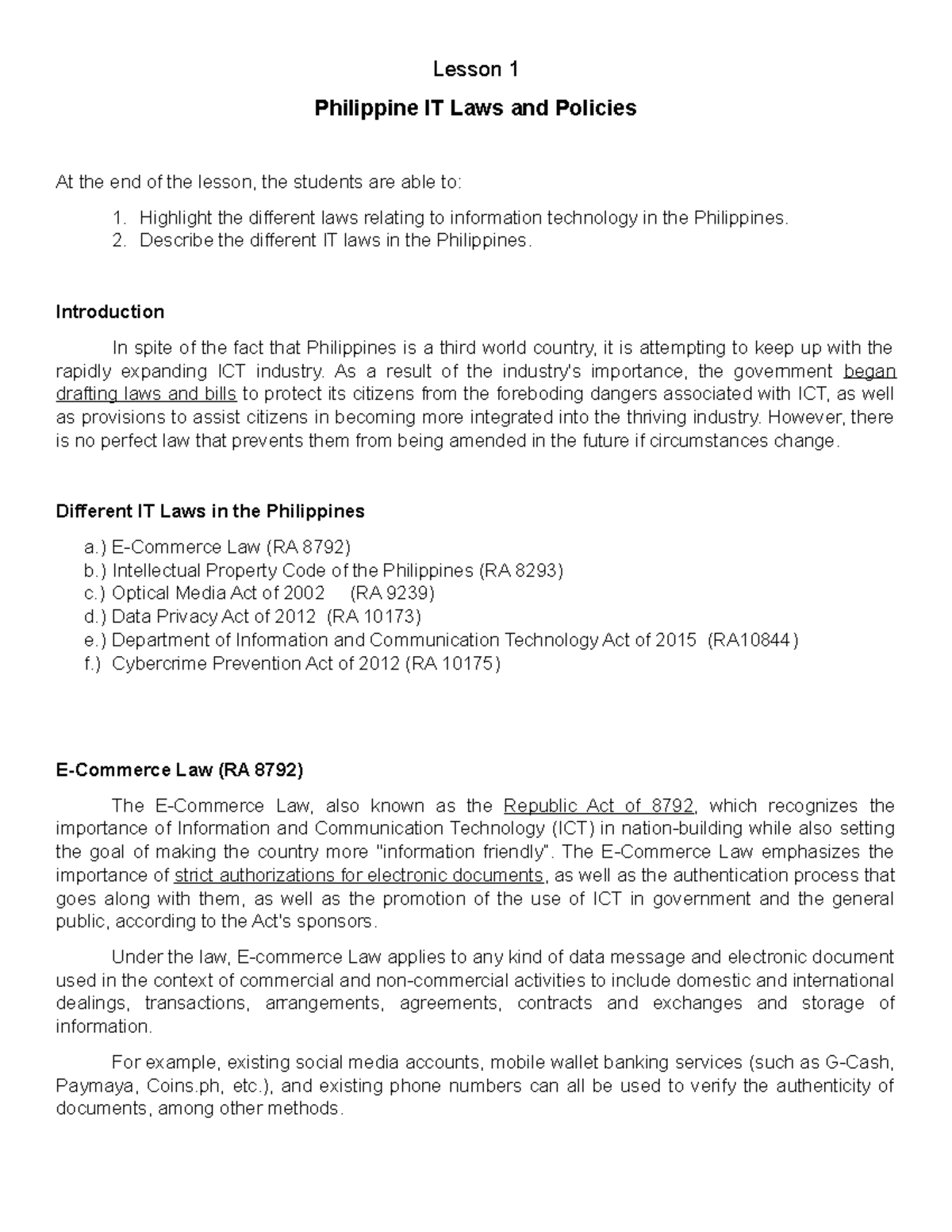 Lesson 1: Overview of Philippine IT Laws and Policies (IT 101) - Studocu