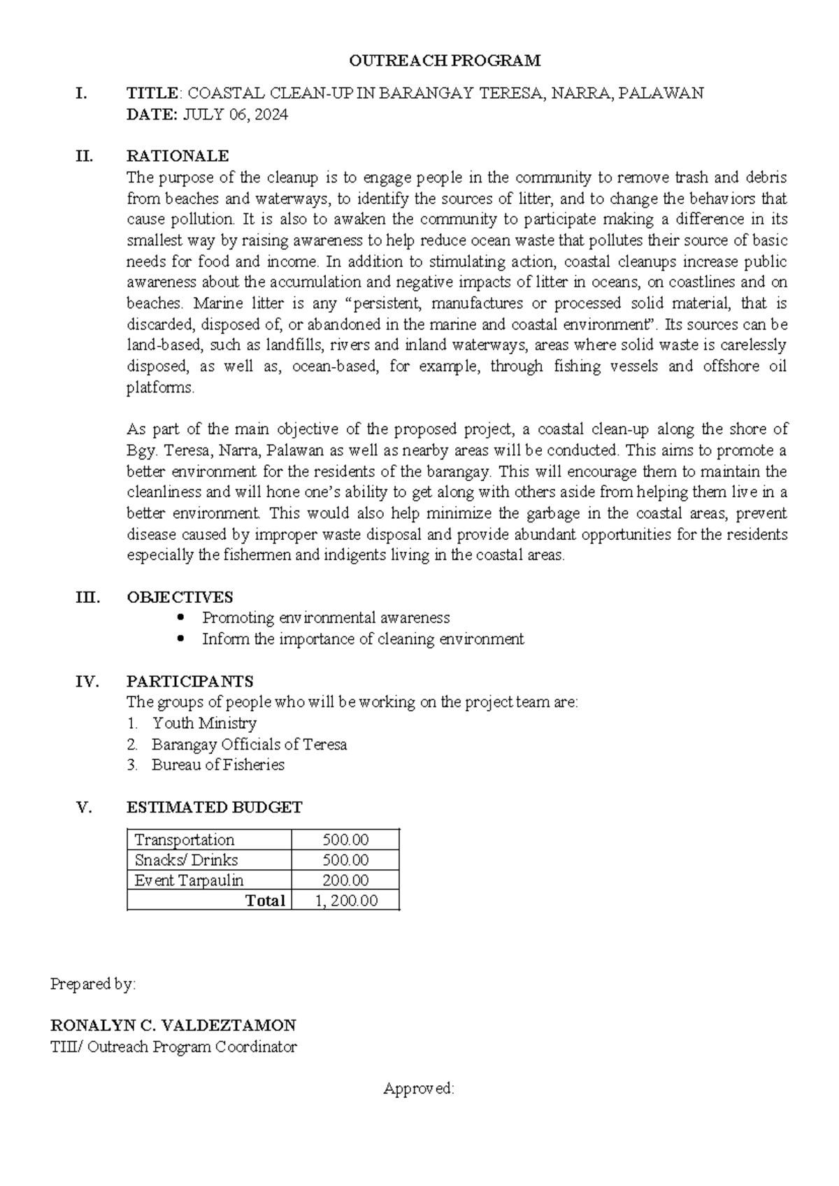 Project Proposal: Coastal Clean-Up Drive in Bgy. Teresa, Narra (TIII ...