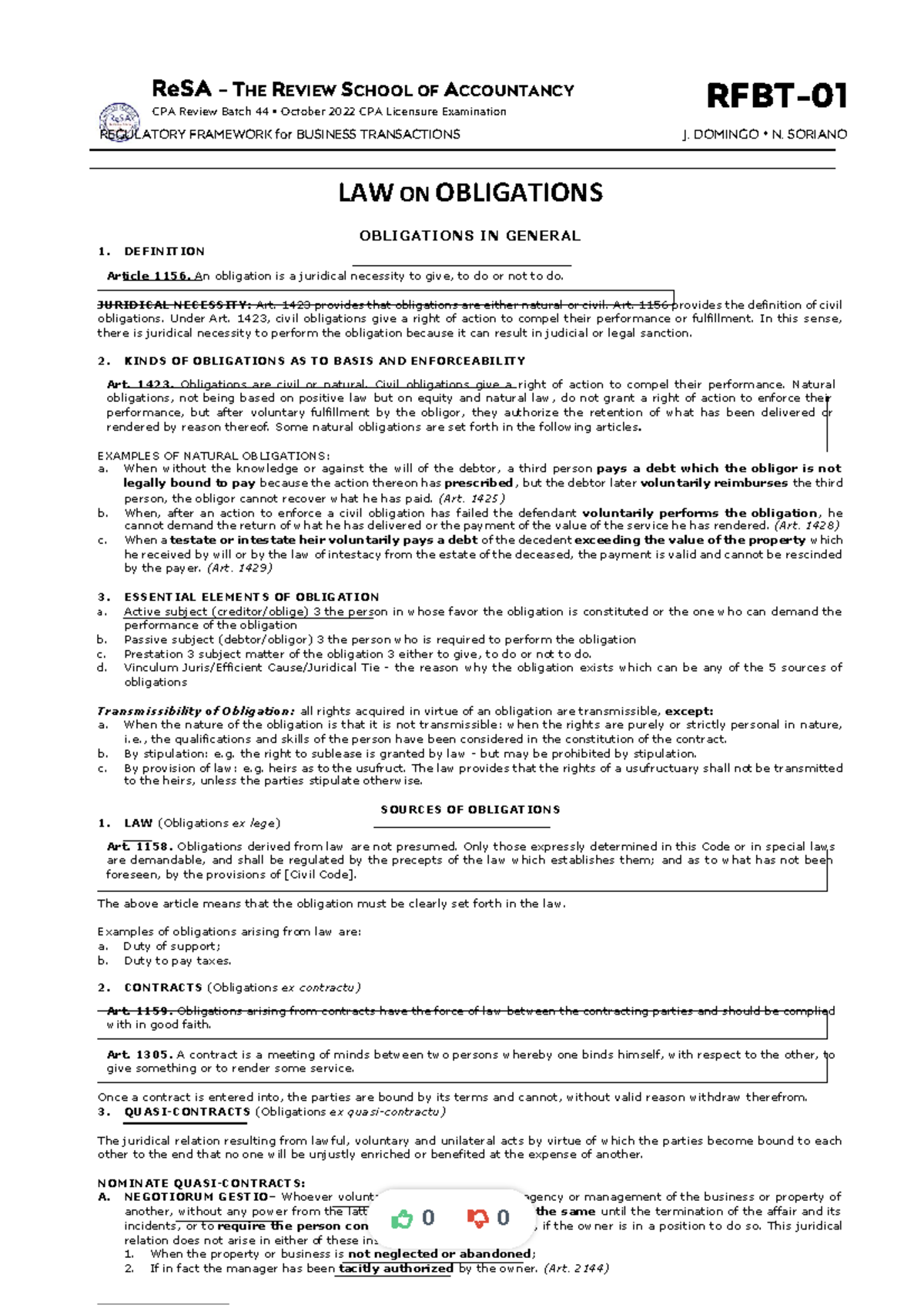 ReSA CPA Review Batch 44: Law on Obligations Overview (Oct 2022) - Studocu