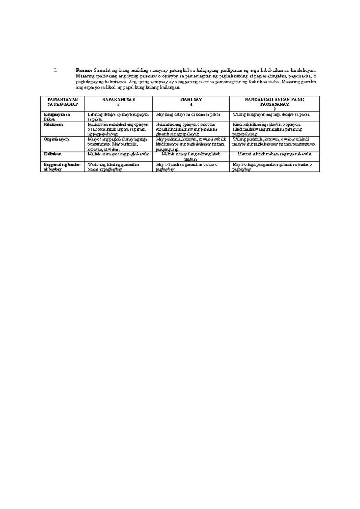 Pamantayan sa Pagsulat ng Maikling Sanaysay tungkol sa Kababaihan - Studocu