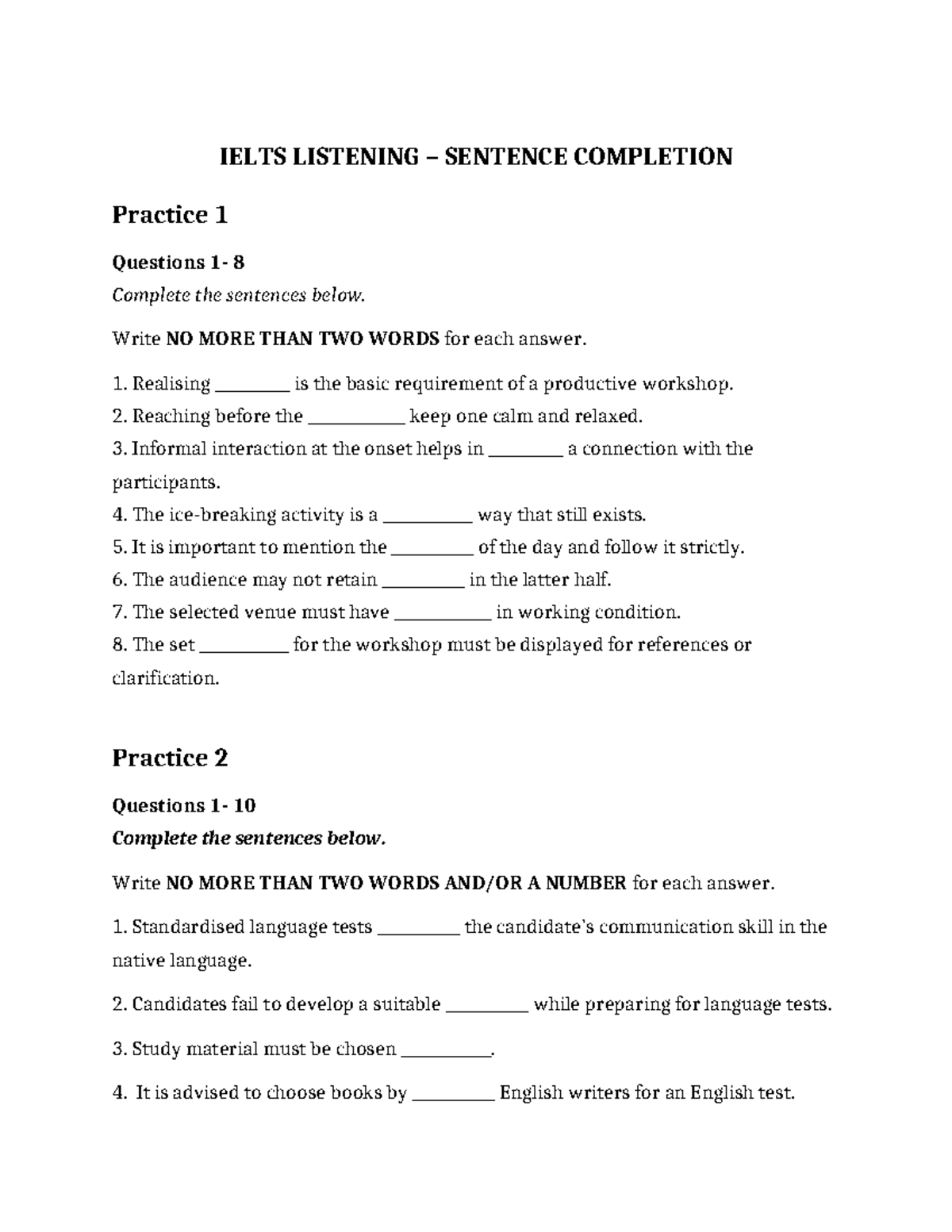 LIS IELTS Listening Sentence Completion Practice Exercises - Studocu