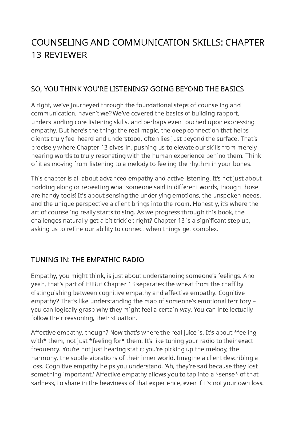 COUNSELING 101: CHAPTER 13 REVIEWER ON ADVANCED LISTENING SKILLS - Studocu