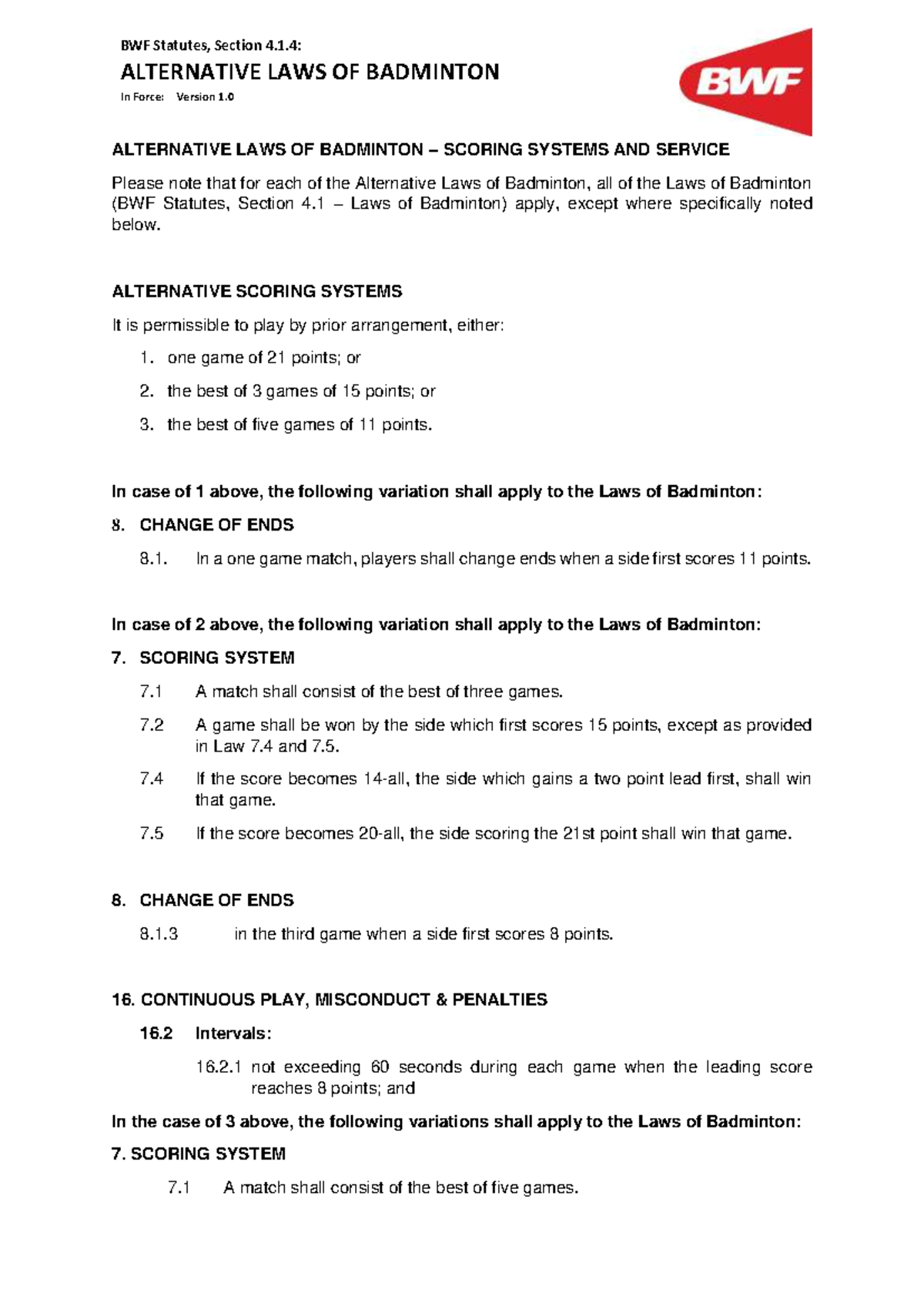Badminton lecture notes - BWF Statutes, Section 4.1: ALTERNATIVE LAWS ...