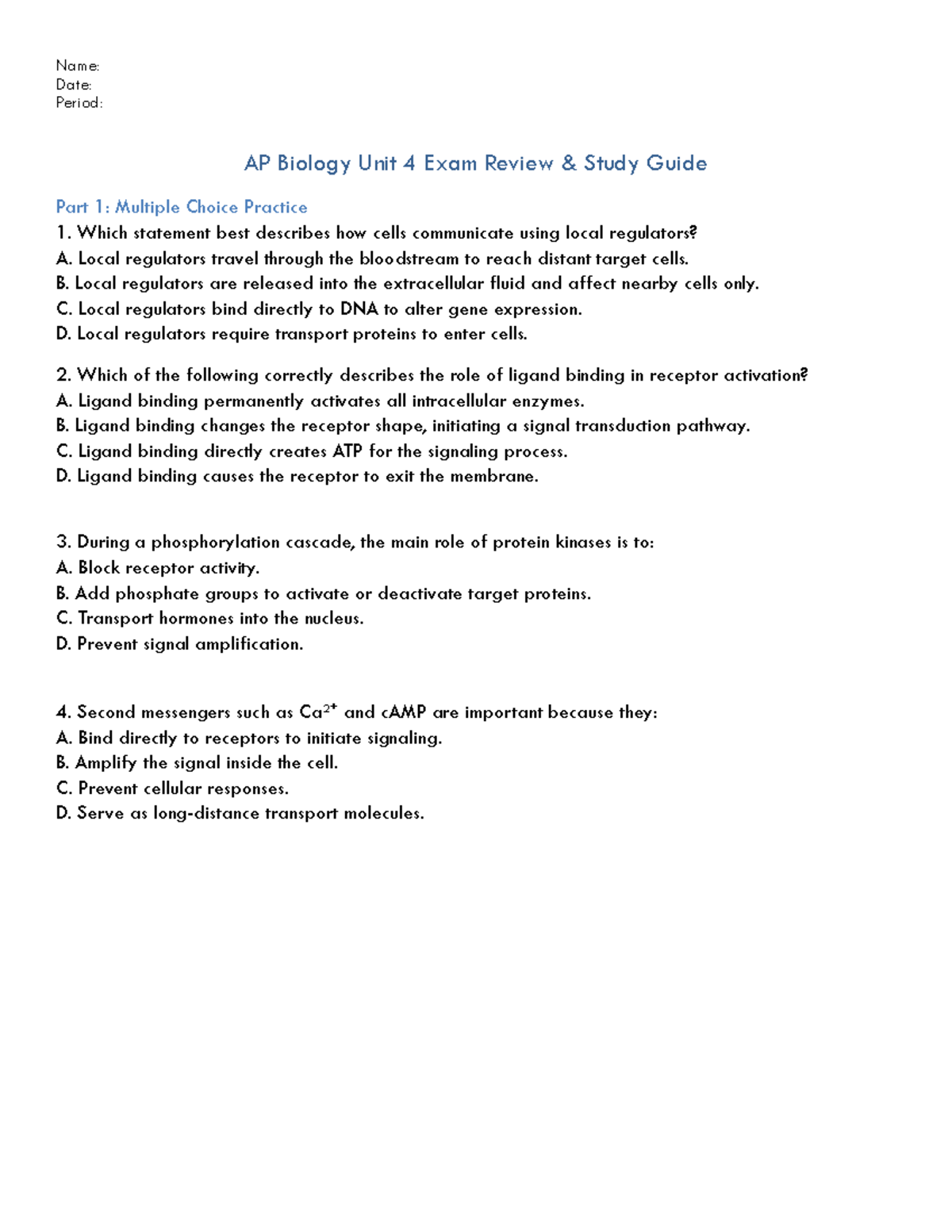 AP Biology Unit 4 Exam Review Study Guide: Cell Signaling & Enzymes ...