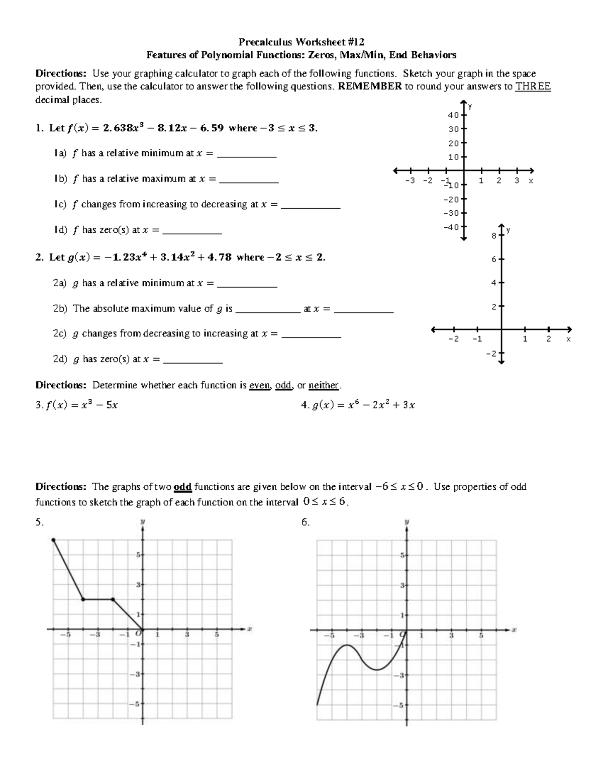 Precalculus Worksheet: Polynomial Functions & Graphing Techniques - Studocu
