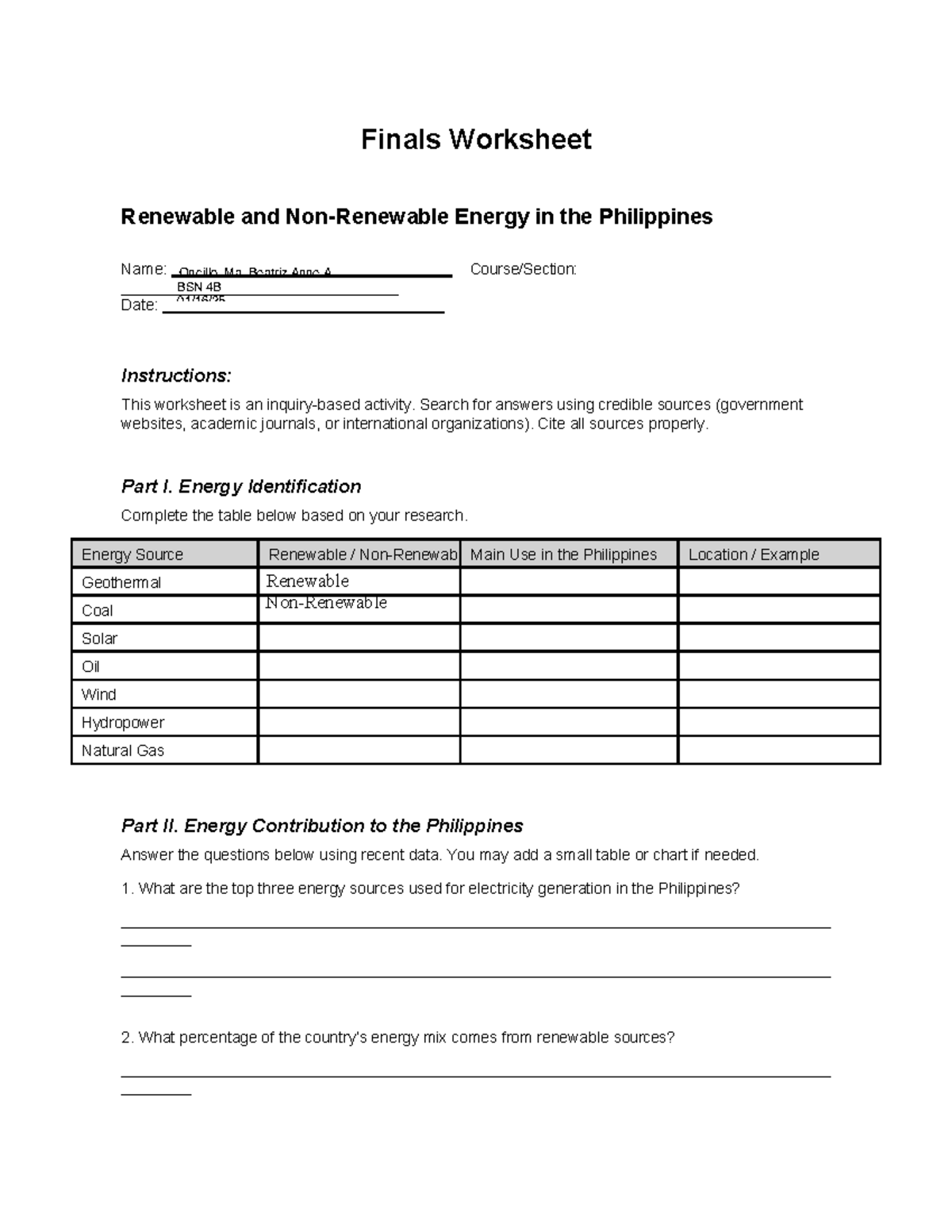 BSN 4B Finals Worksheet: Renewable Energy in the Philippines - Studocu