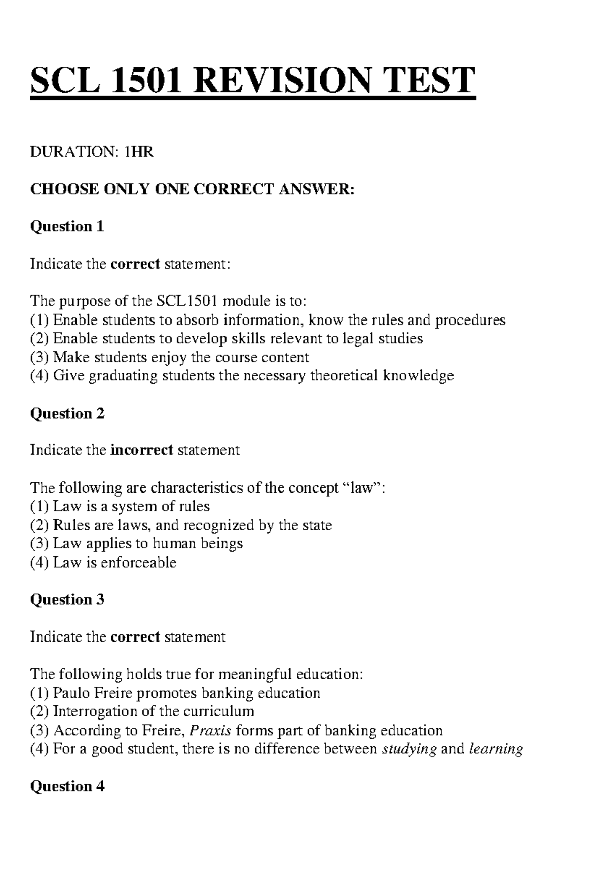 SCL Revision TEST - SCL 1501 REVISION TEST DURATION: 1HR CHOOSE ONLY ...