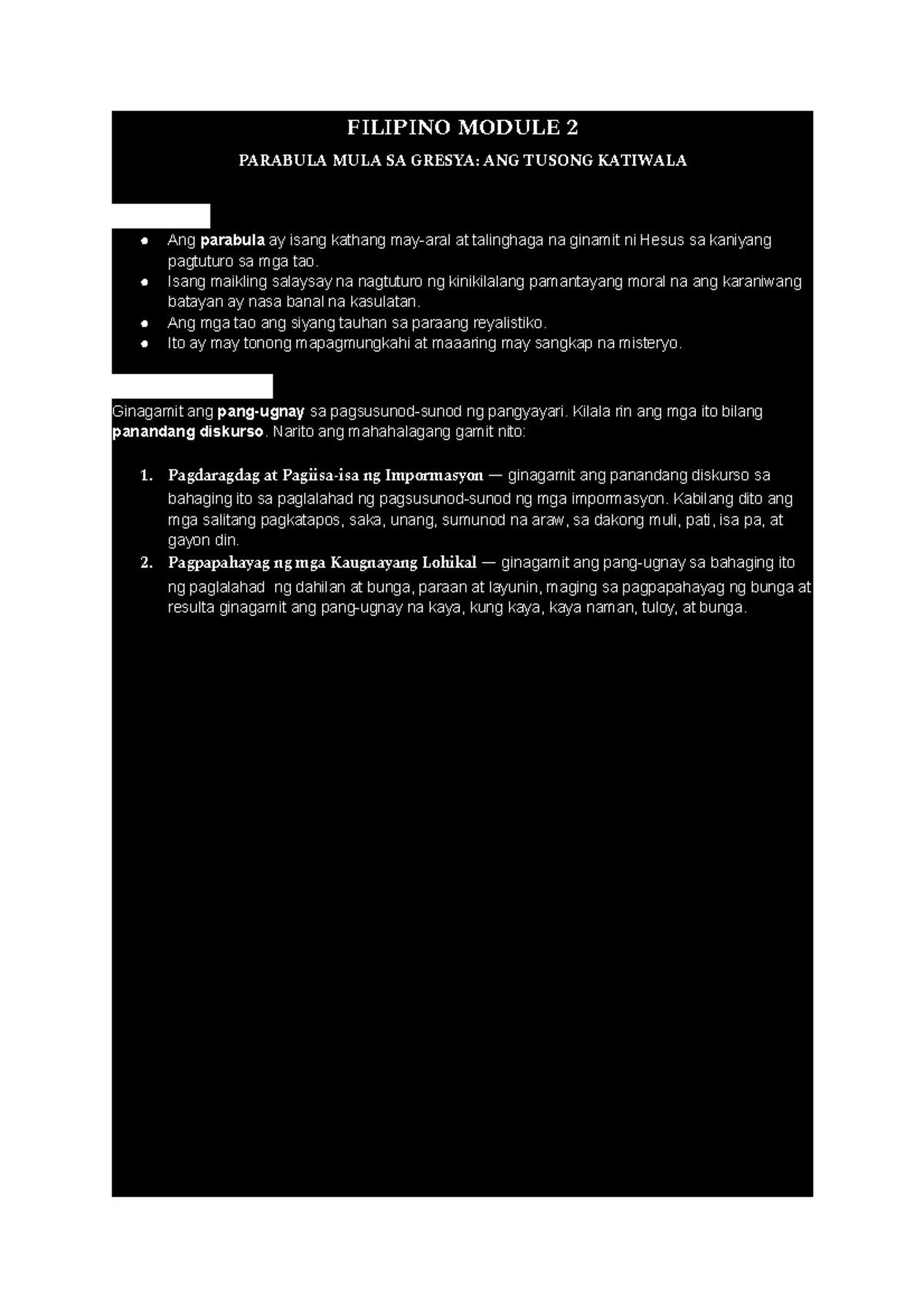 FIL Lesson 2: Parabula Mula sa Gresya - Ang Tusong Katiwala - Studocu