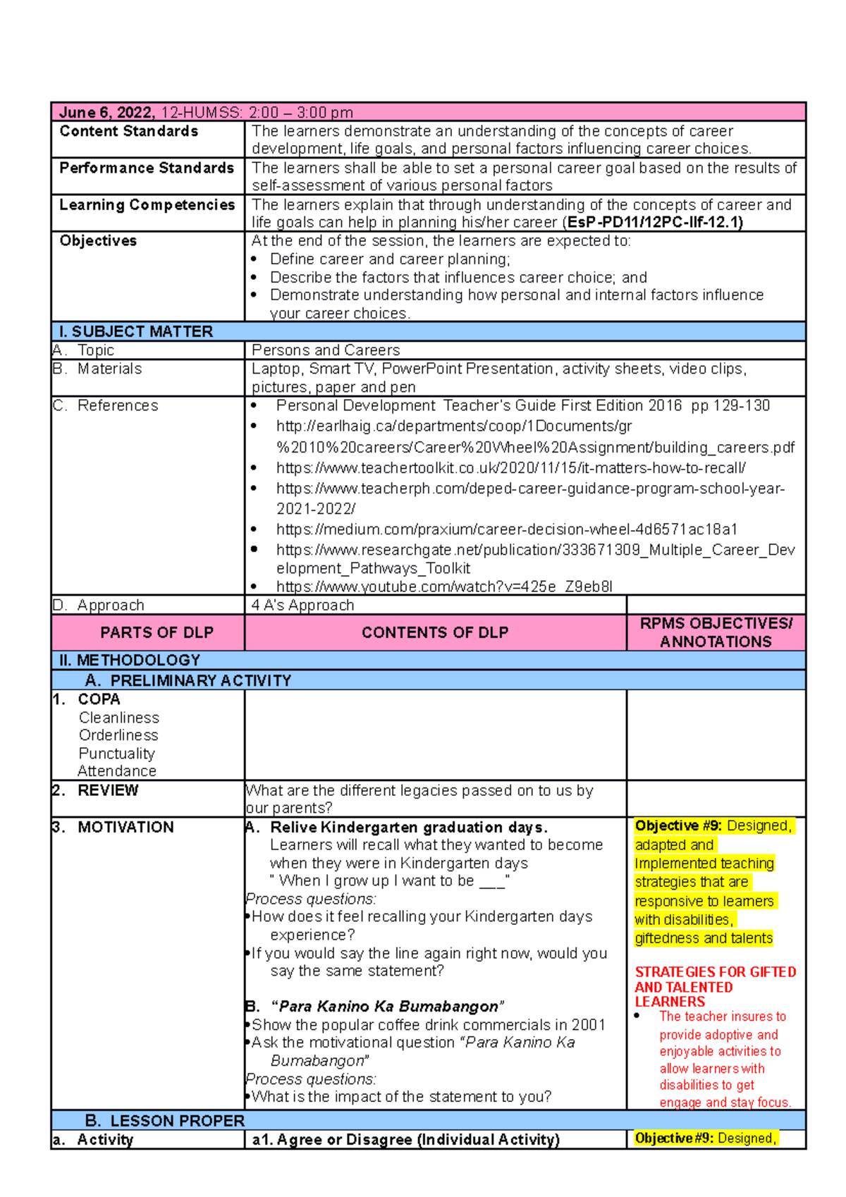 9 lpcareer - Copy - This is a lesson plan in Personal Development ...