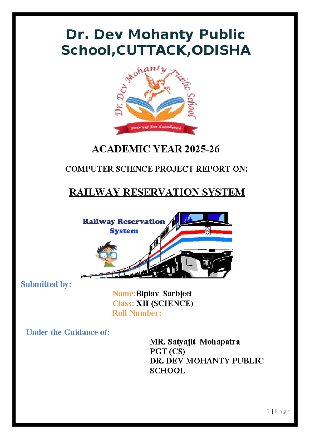 Computer Science Project (083): Railway Reservation System Report - Studocu