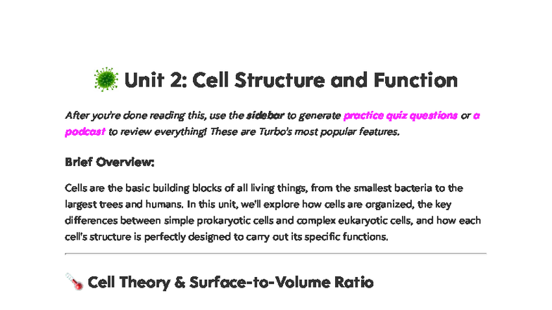 Unit 2: Cell Structure & Function Overview and Quiz Prep - Studocu