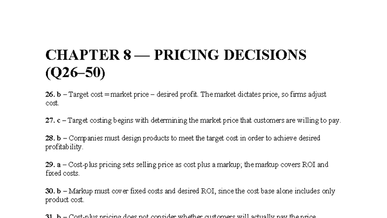 CHAPTER 8: PRICING DECISIONS AND TARGET COSTING STRATEGIES - Studocu