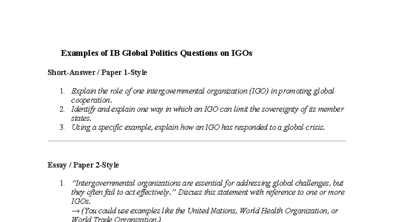 IB Global Politics IGO Assignment Outline: Key Questions & Analysis ...