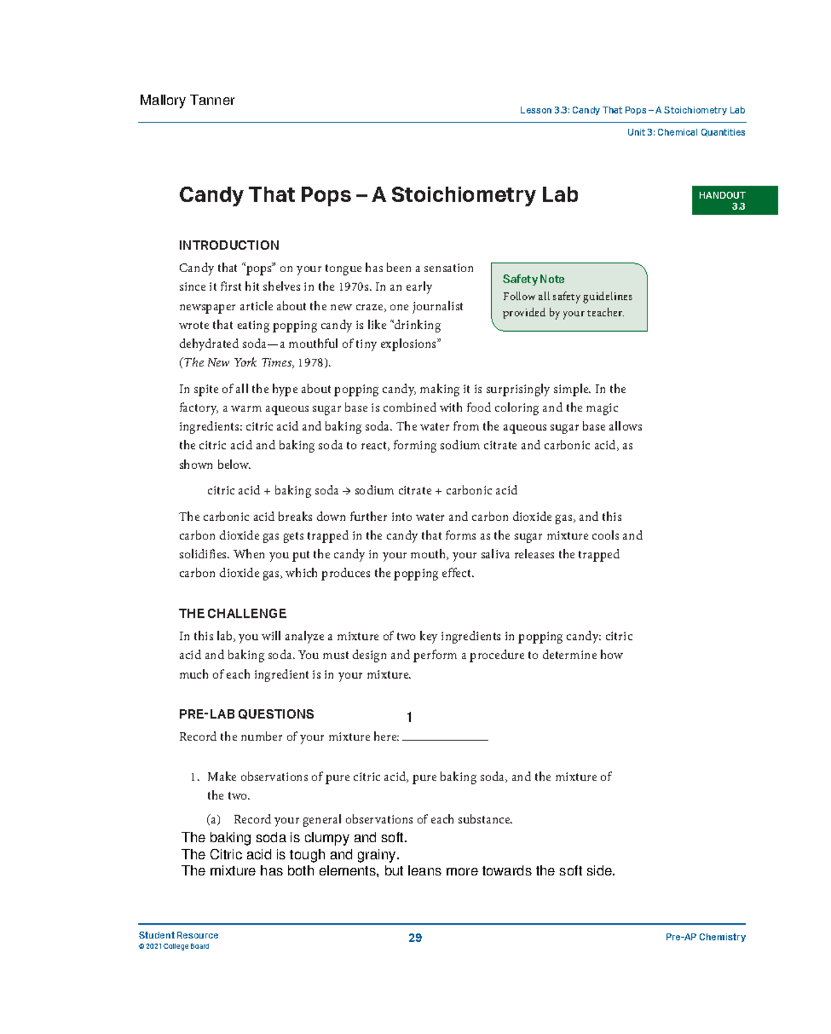 Pre-AP Chemistry 29: Candy That Pops - Stoichiometry Lab Guide - Studocu