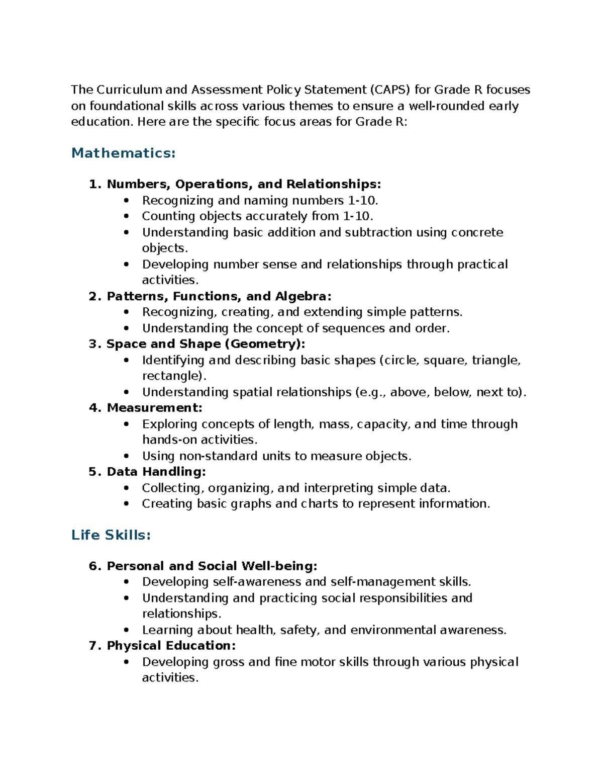CAPS Grade R Curriculum Focus: Foundational Skills Overview - Studocu