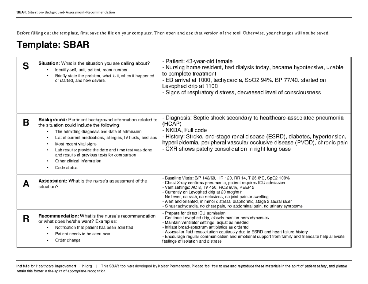 SBAR ICU - SBAR - SBAR: Situation-Background-Assessment-Recommendation ...