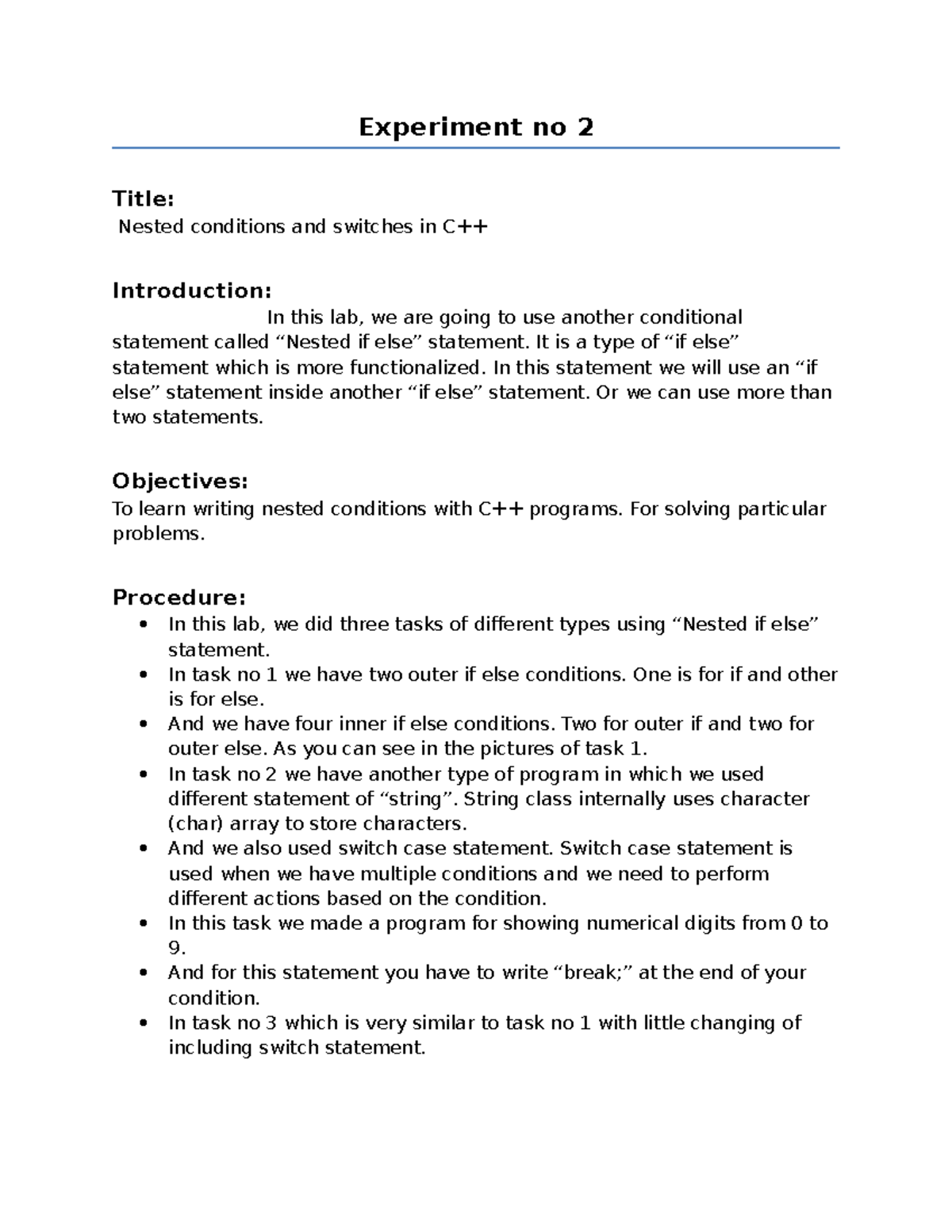 Experiment # 2 OOP - no........................... - Experiment no 2 Title: Nested conditions ...