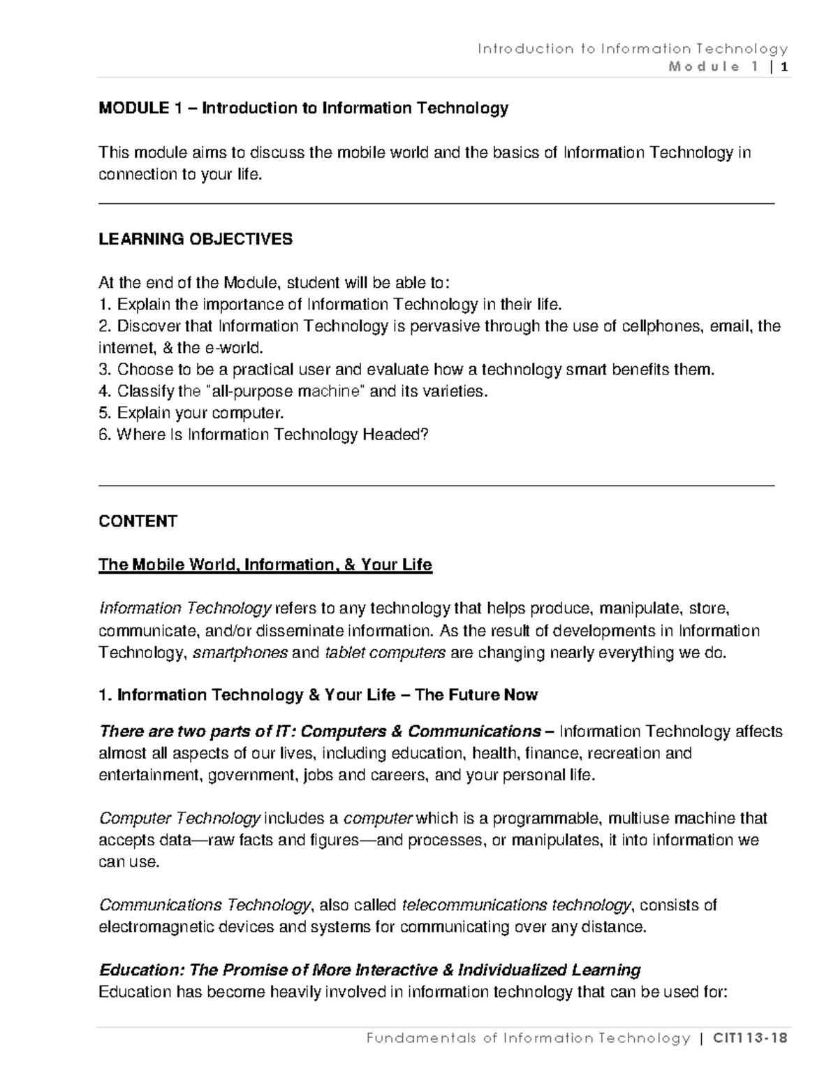 Module 1 - Intro to Information Technology: Impact on Daily Life - Studocu