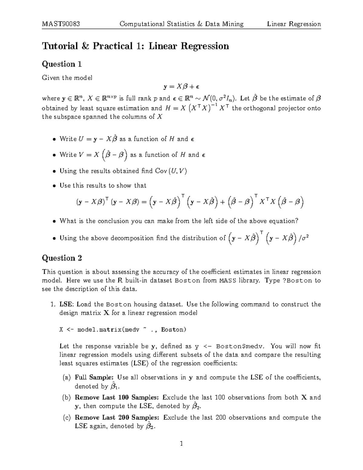 MAST90083 Tutorial 1: Linear Regression Analysis and LSE Evaluation - Studocu