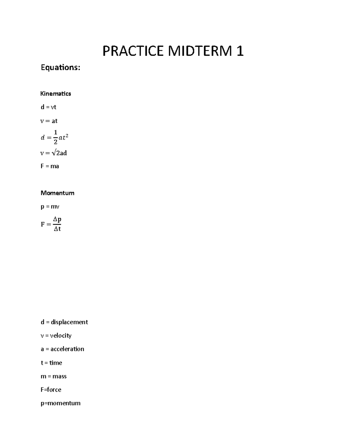 Practice Midterm Exam - Physics Concepts & Problem Solving (PHYS 101 ...