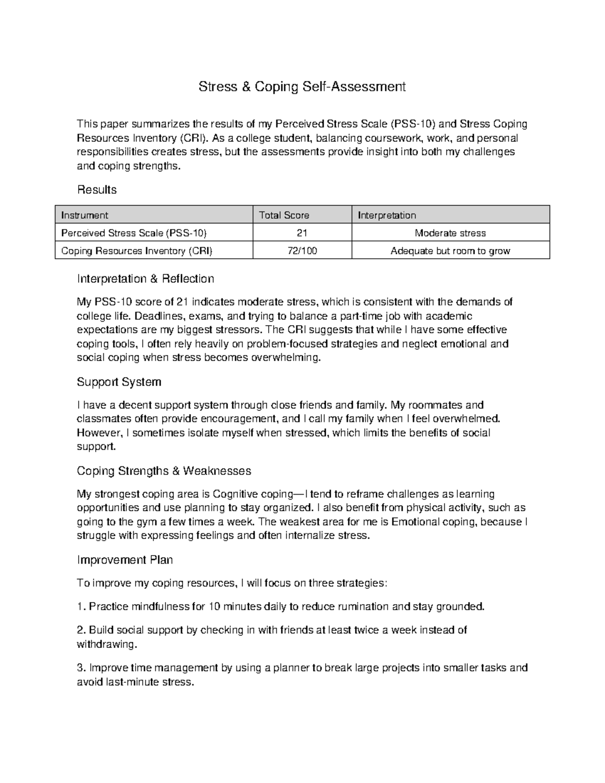 Stress Assessment Report: Coping Strategies & Insights - Studocu
