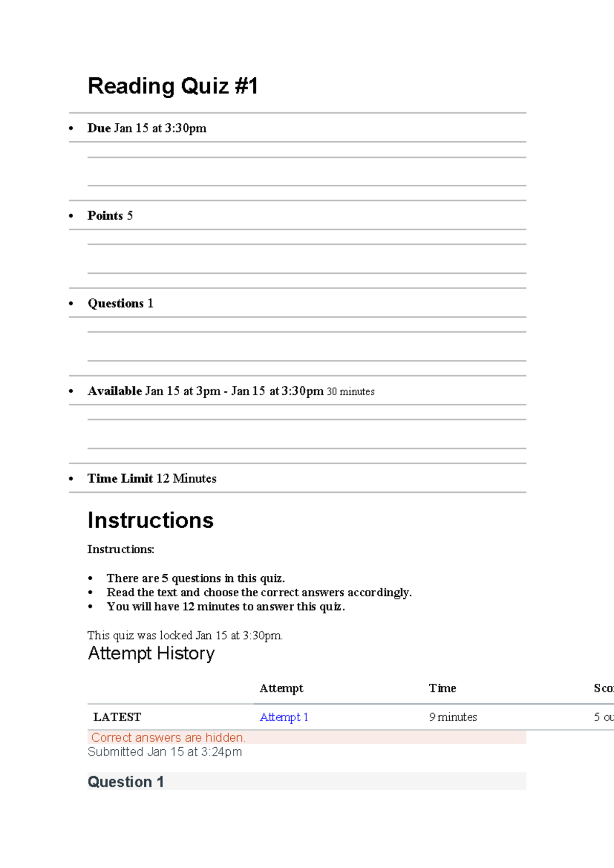Reading Quiz 1-avanzado 12 - Reading Quiz Due Jan 15 at 3:30pm Points 5 ...