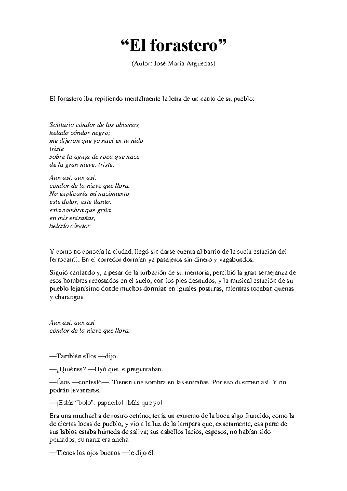 El forastero: Análisis de la obra de José María Arguedas - Studocu