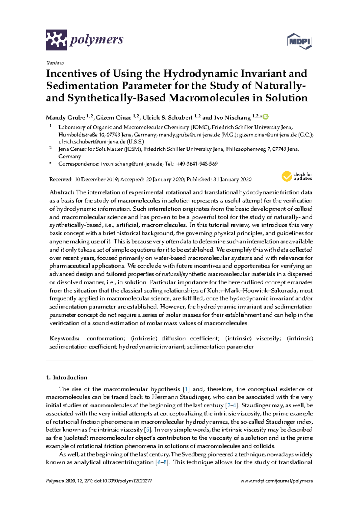 Hydrodynamic Invariant & Sedimentation Parameter for Polymers-12-00277 ...