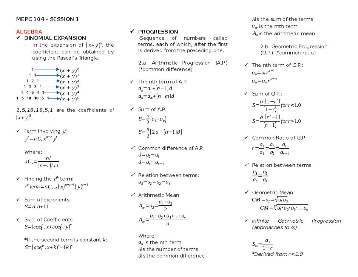 MEPC 104 - Session 1: Algebra and Binomial Expansion Notes - Studocu