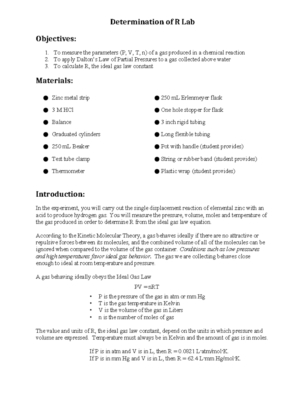 Lab 10 - Calculating Ideal Gas Constant R Using Dalton's Law - Studocu
