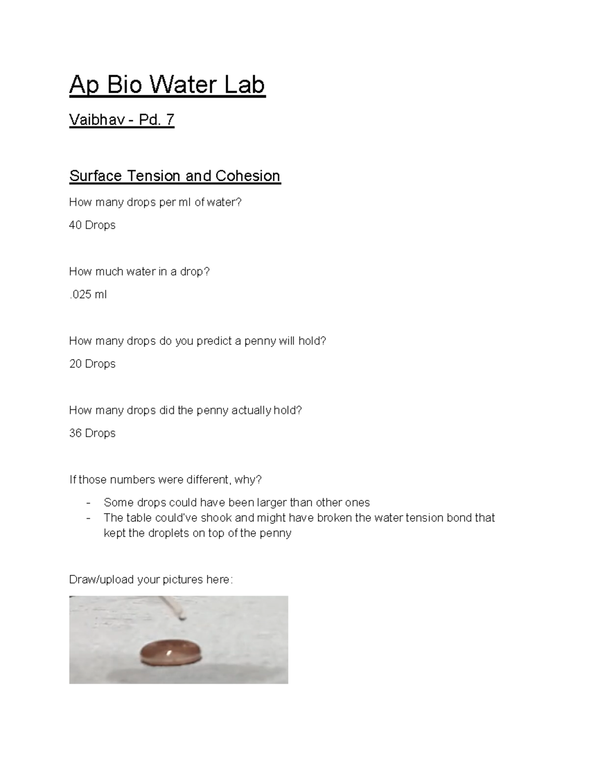 AP Bio Lab (Pd. 7): Surface Tension & Cohesion in Water - Studocu