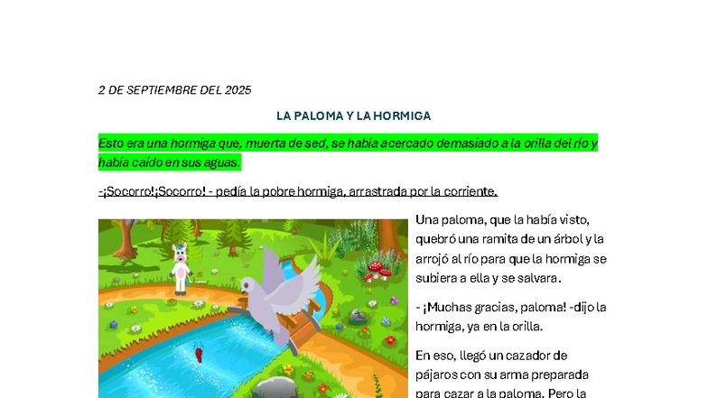2 DE SEPTIEMBRE DEL 2025: LA PALOMA Y LA HORMIGA - Fábula de Esopo ...