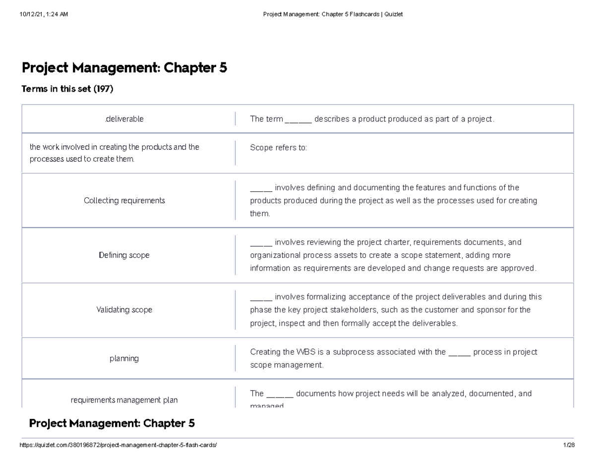 Project Management Chapter 5 Flashcards Quizlet - Project Management ...
