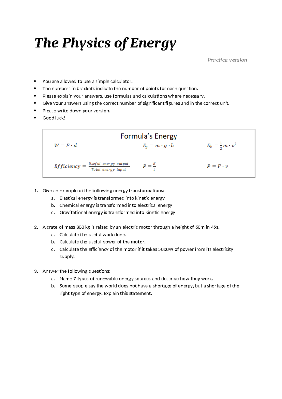 Test Energy Practice Version: Physics Energy Transformations ...