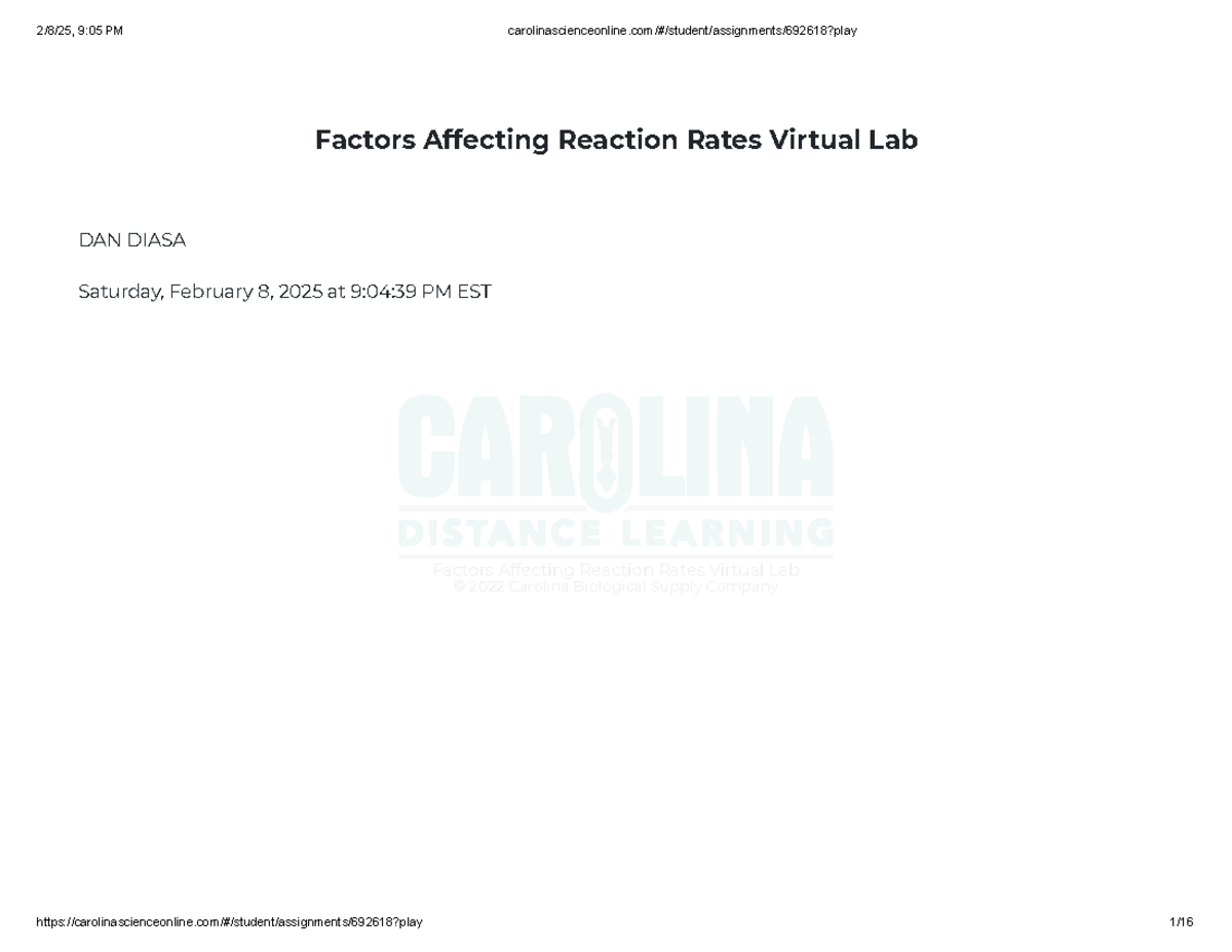 Carolinascienceonline - Factors Affecting Reaction Rates Virtual Lab ...