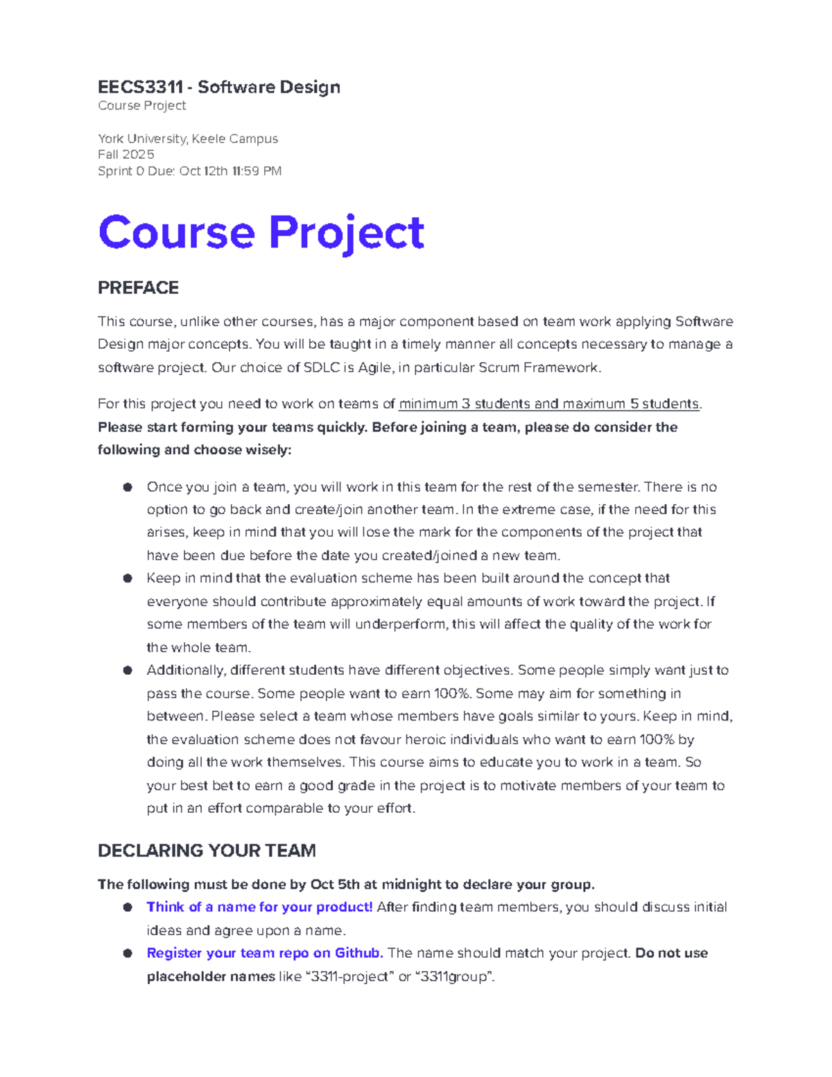 Sprint 0 Guidelines for EECS3311 Software Design Project - Fall 2025 - Studocu
