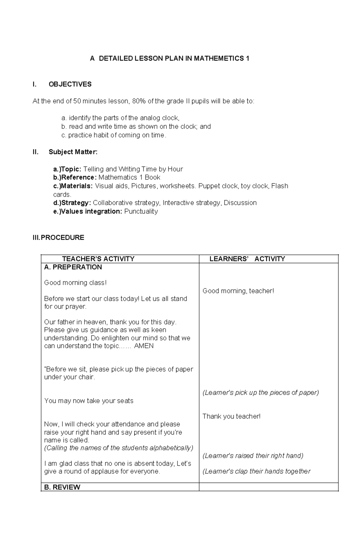 Mathematics 1 - Clock Lesson Plan for Grade 1 Pupils - Studocu