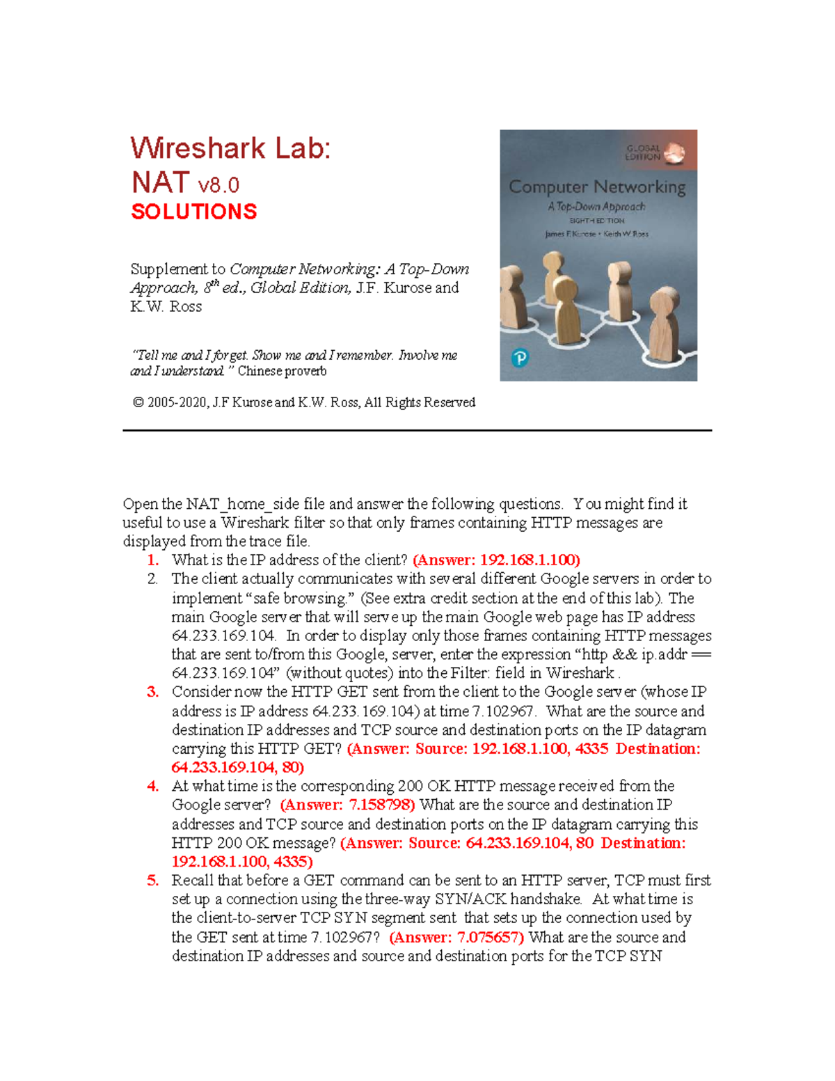 Wireshark Lab: NAT Solutions (Week 8) for Computer Networking - Studocu
