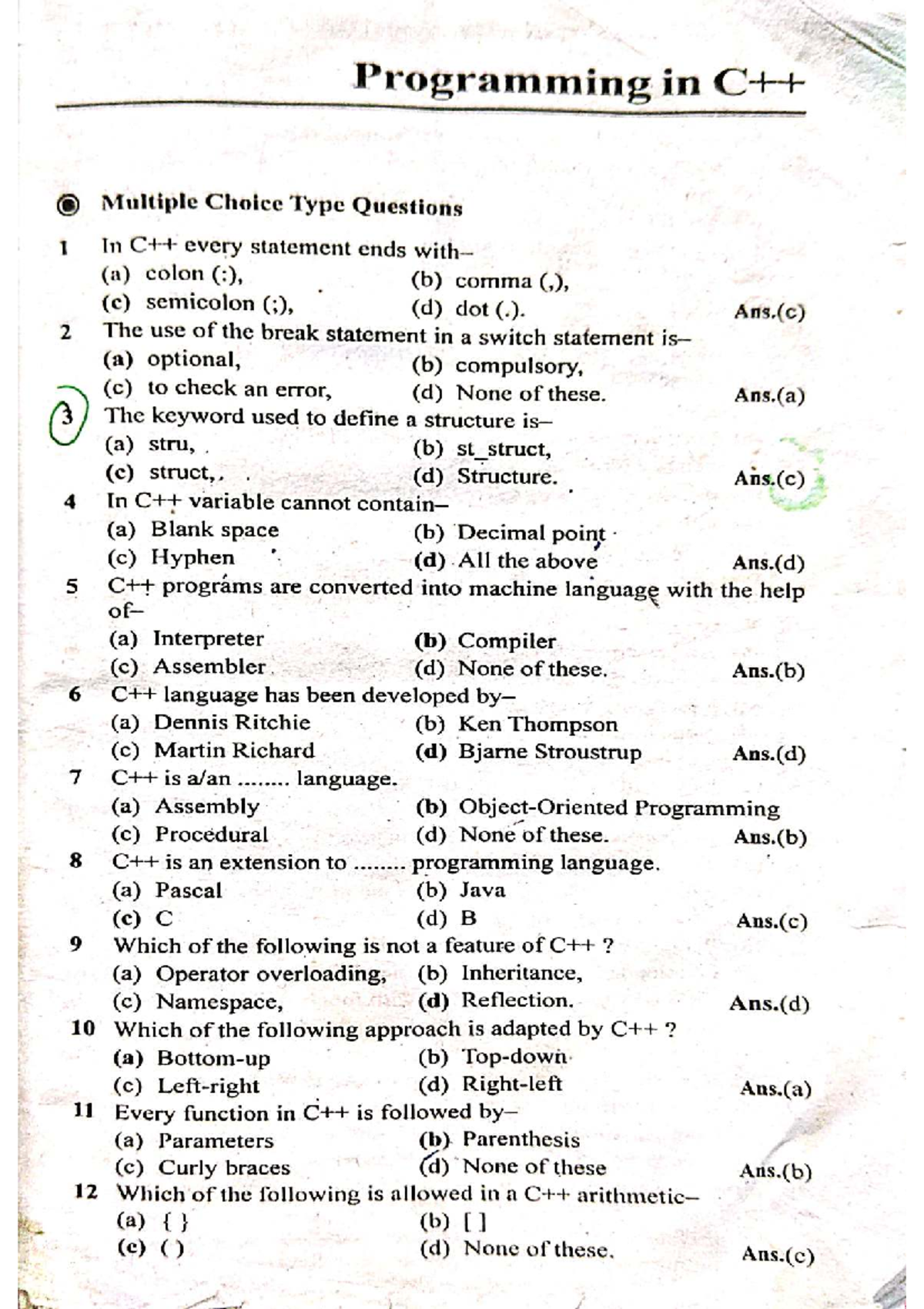 Programming in O MCQ Questions - Computer Science PYQ - Studocu