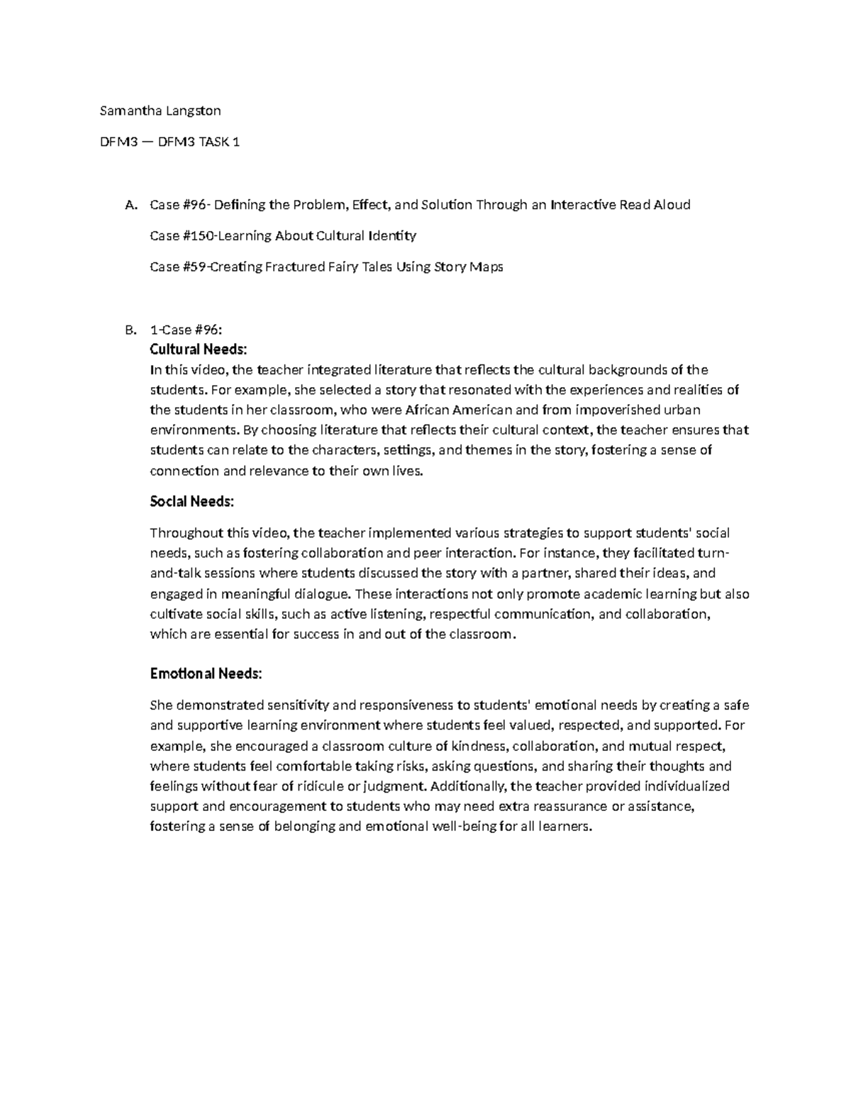 DFM3 TASK 1 - Case Analysis on Cultural and Social Needs - Studocu