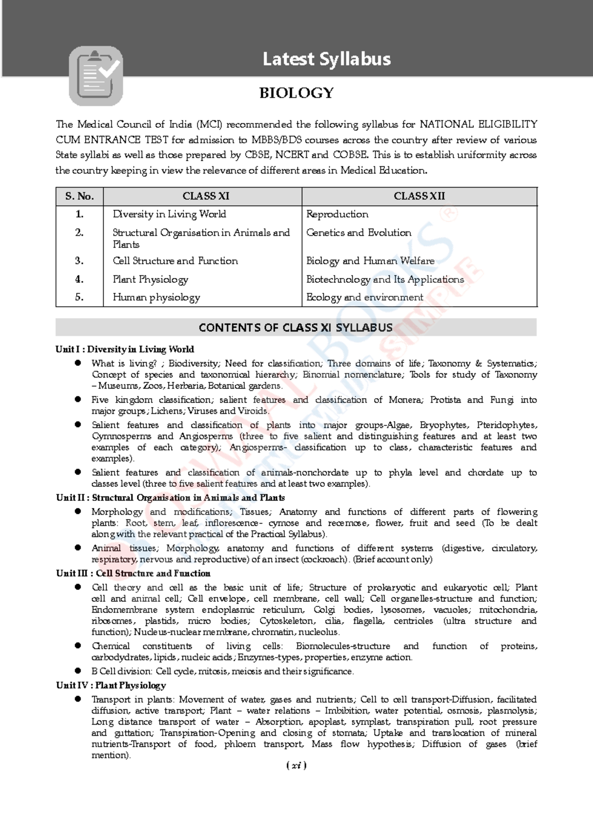 Oswaal NEET UG Syllabus Biology - ( xi ) Latest Syllabus BIOLOGY The ...