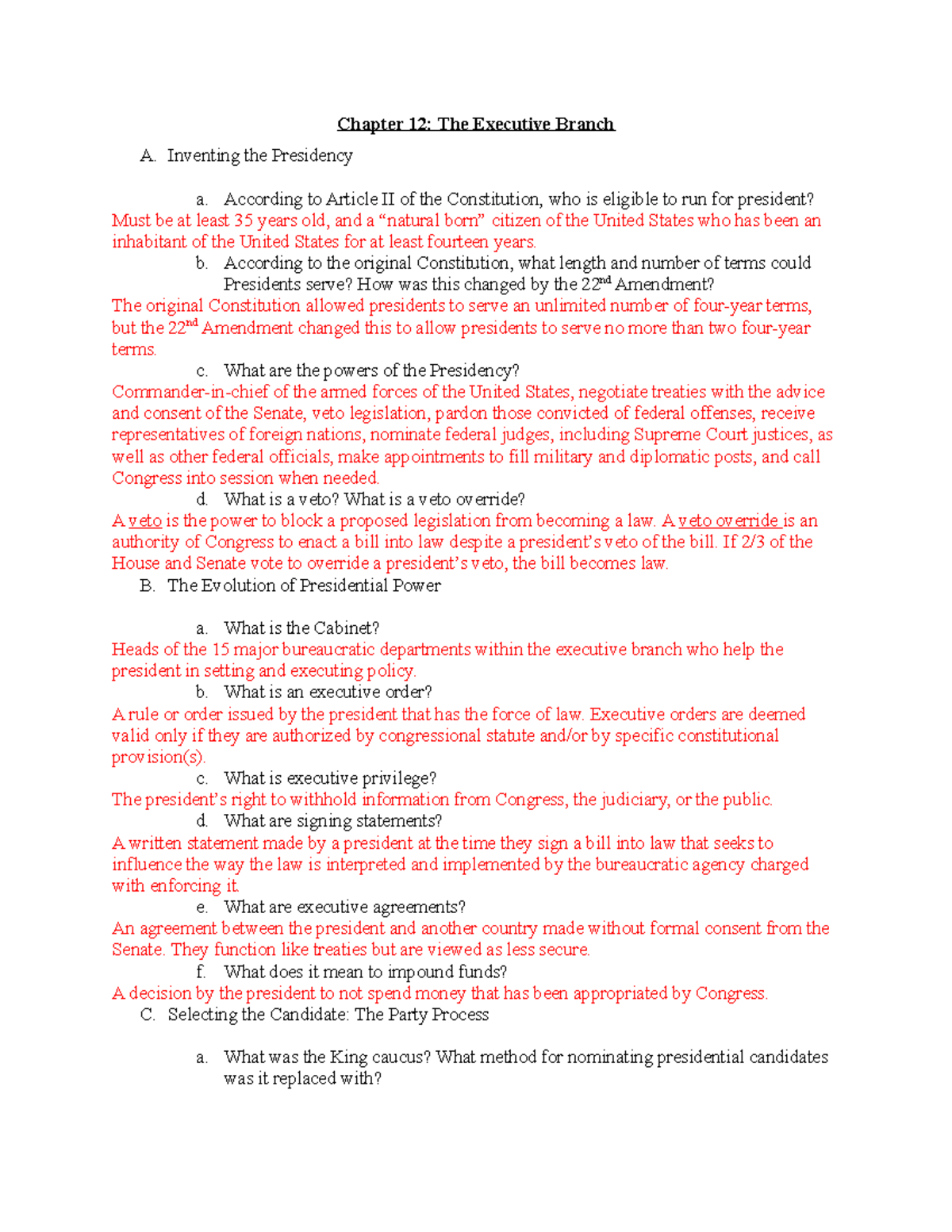 Chapter 12 Study Guide: Understanding the Executive Branch - Studocu