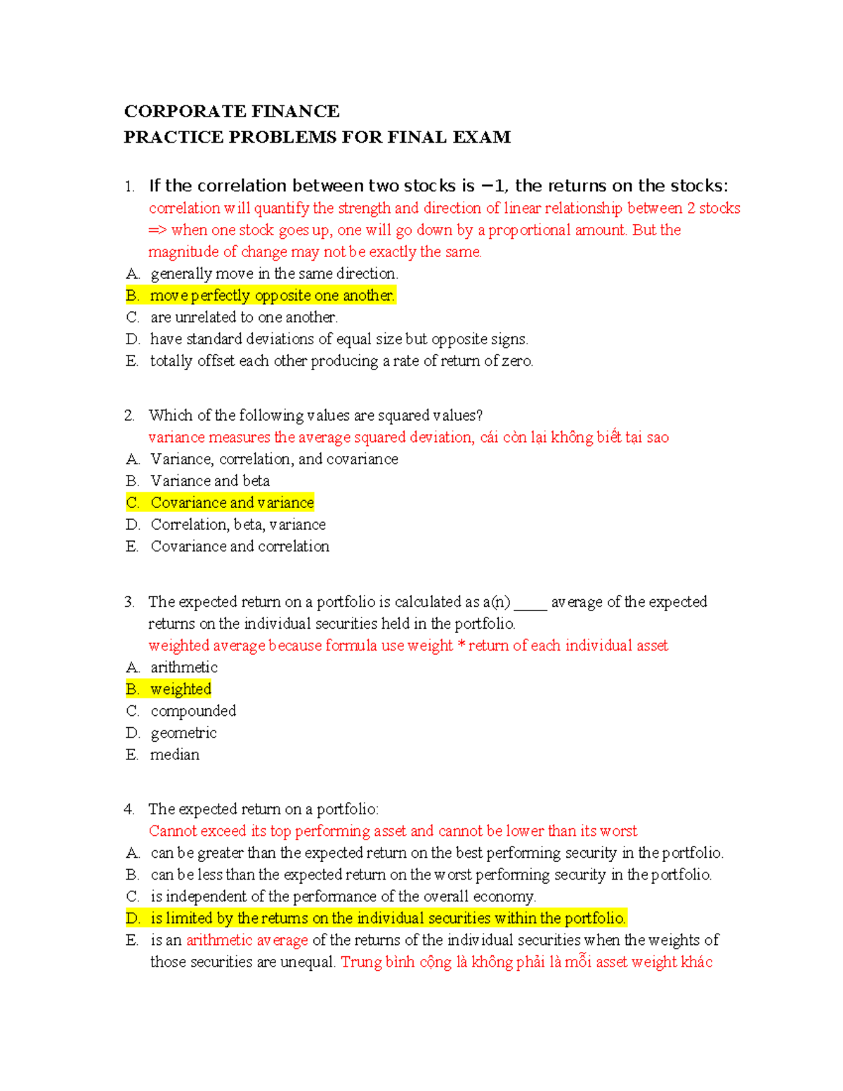 Trắc nghiệm Final TCDN - Practice Problems for Corporate Finance Exam ...