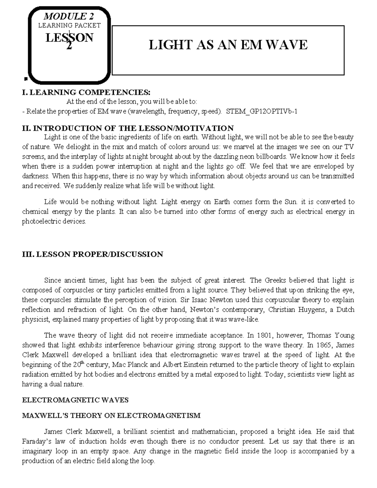 Light and Electromagnetic Waves: A Learning Packet for Inbound 6936 ...