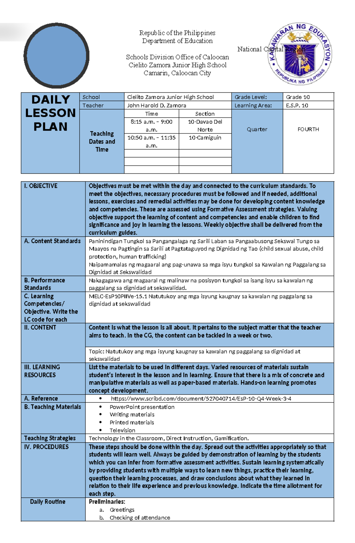 Daily Lesson Plan for Grade 10 E.S.P. 10 - Fourth Quarter - Studocu